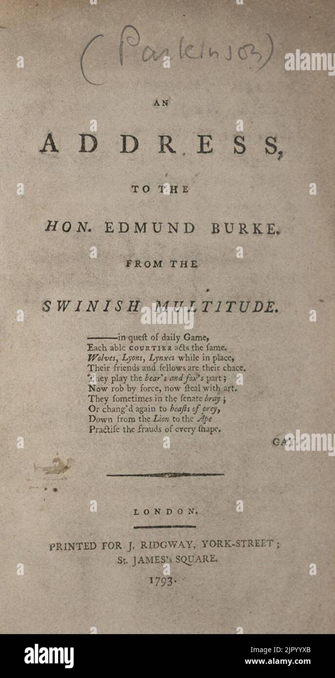 Title page of An address to the Hon. Edmund Burke from the swinish ...