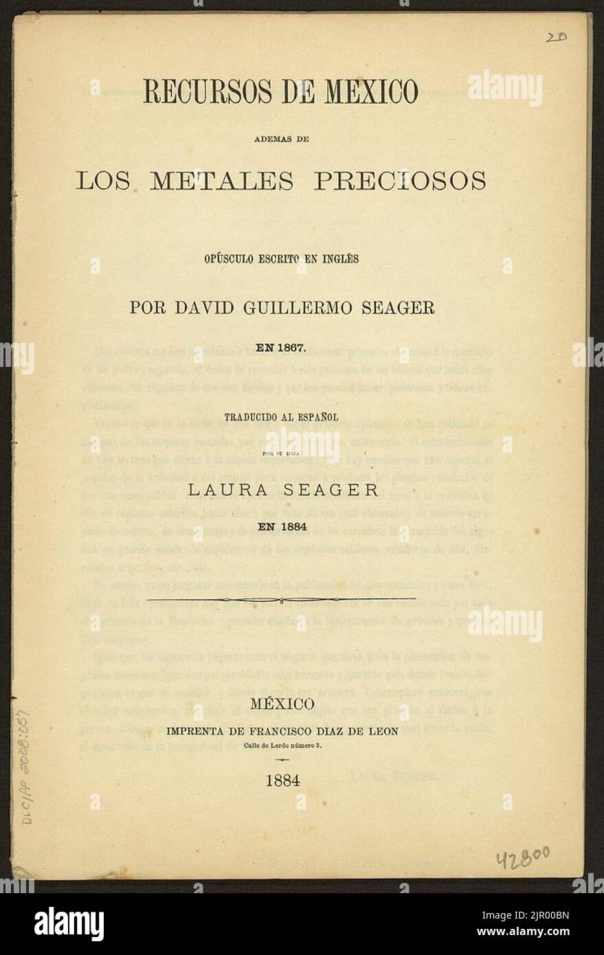 Title page to Recursos de México..., por David Guillermo Seager Stock ...