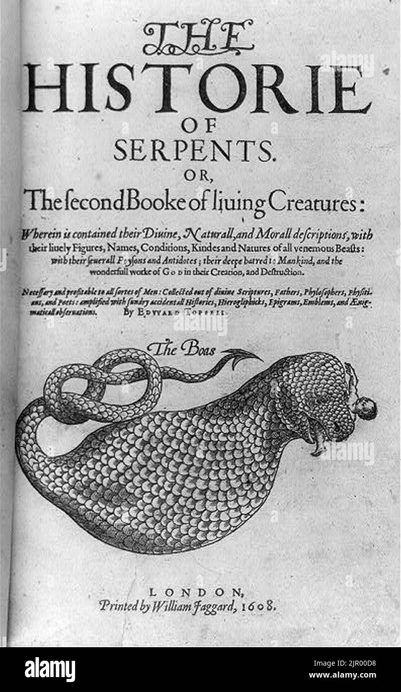 Title page showing enormous serpent, ''The Boas'', with man in its ...