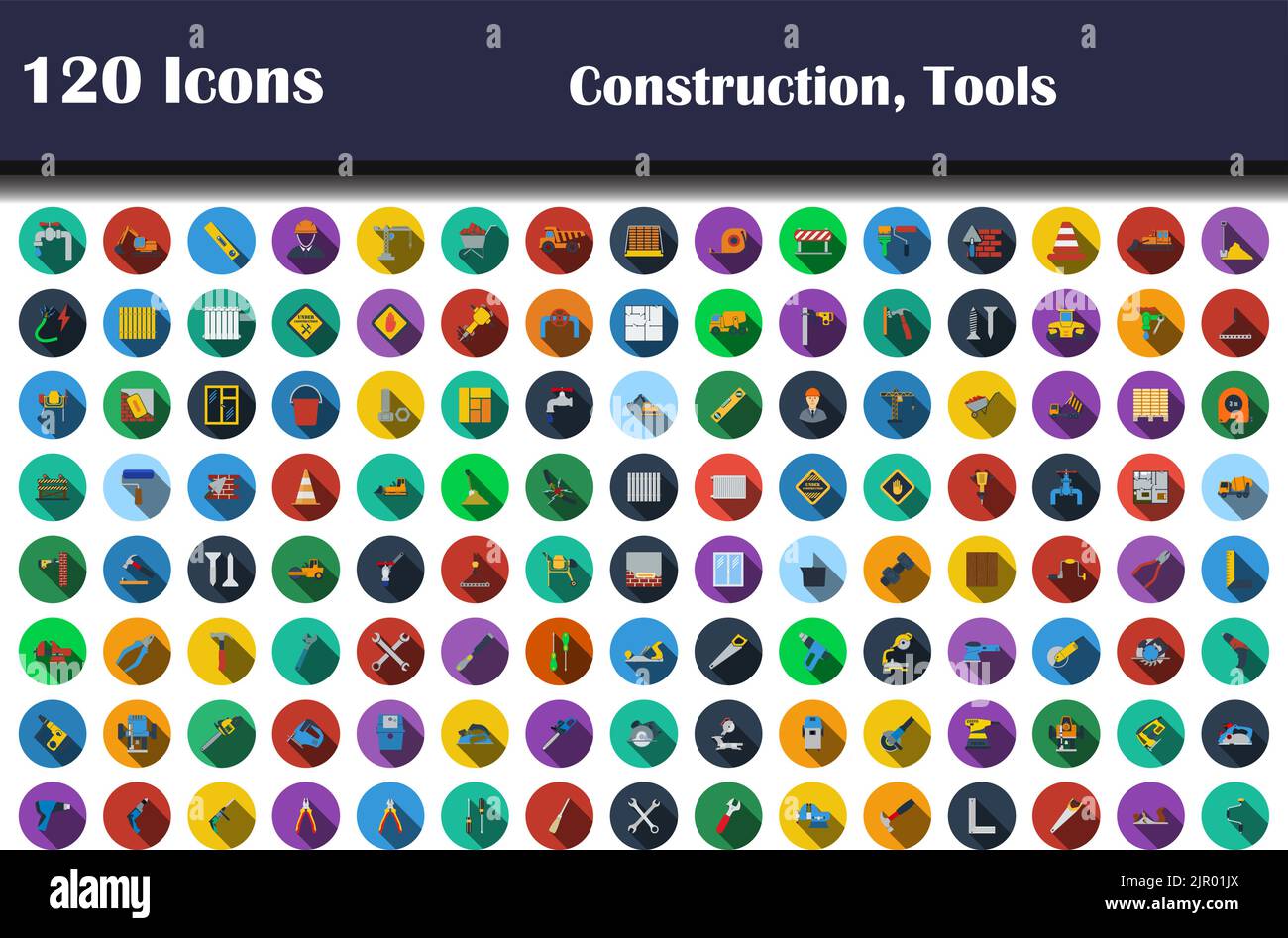 120 Icons Of Construction, Tools. Flat Design With Long Shadow. Vector ...