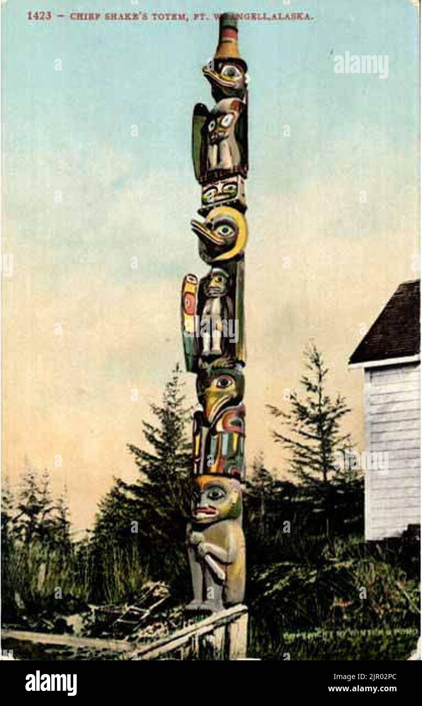 Tlingit totem pole in front of Chief Shake's house, Fort Wrangell, 1895 ...