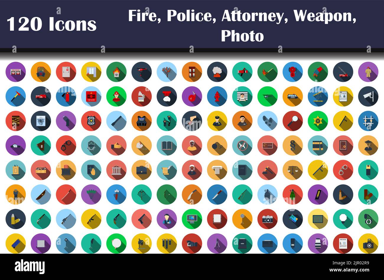 120 Icons Of Fire, Police, Attorney, Weapon, Photo. Flat Design With ...