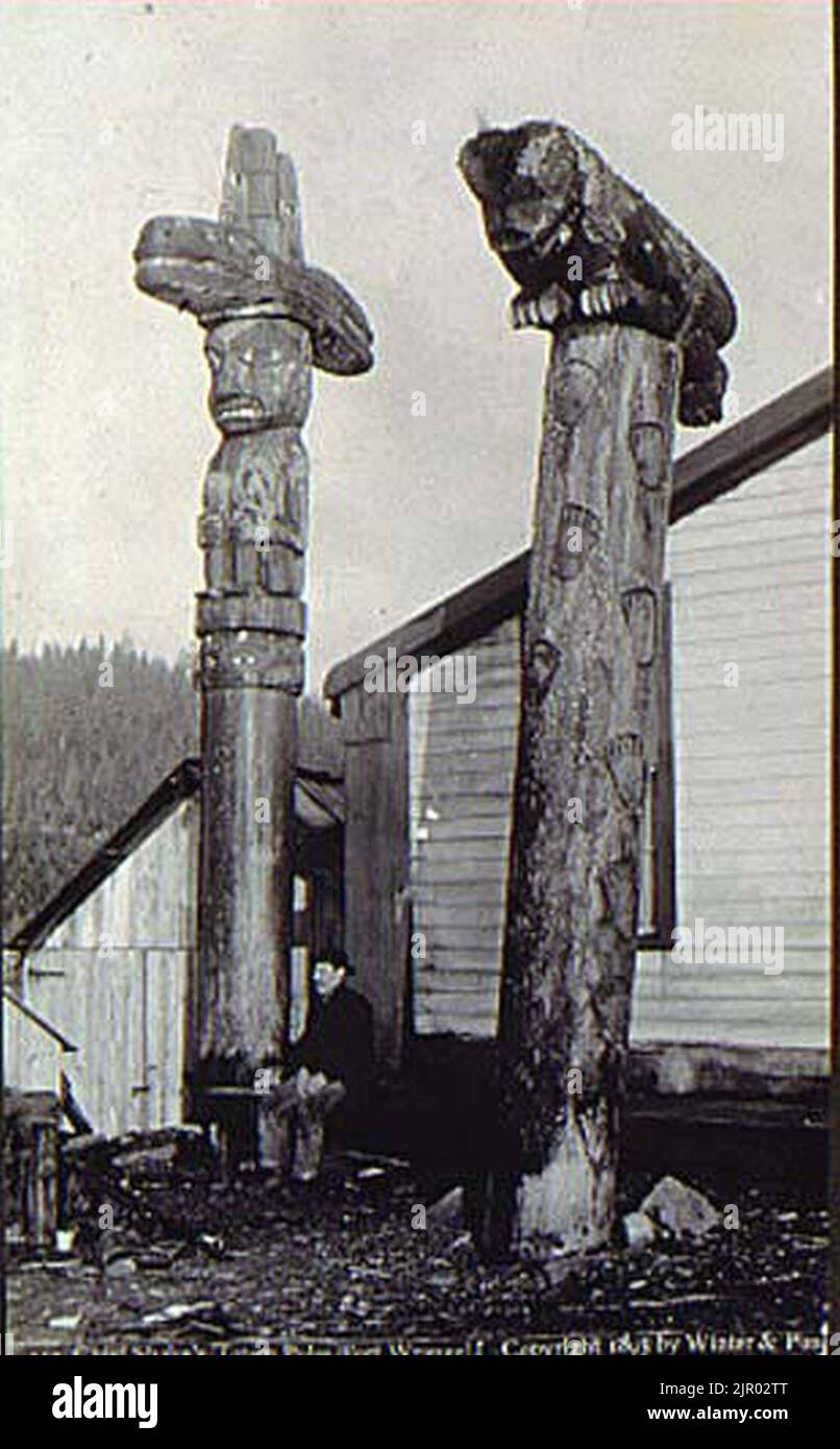 Tlingit totem poles in front of Chief Shake's house, Fort Wrangel ...