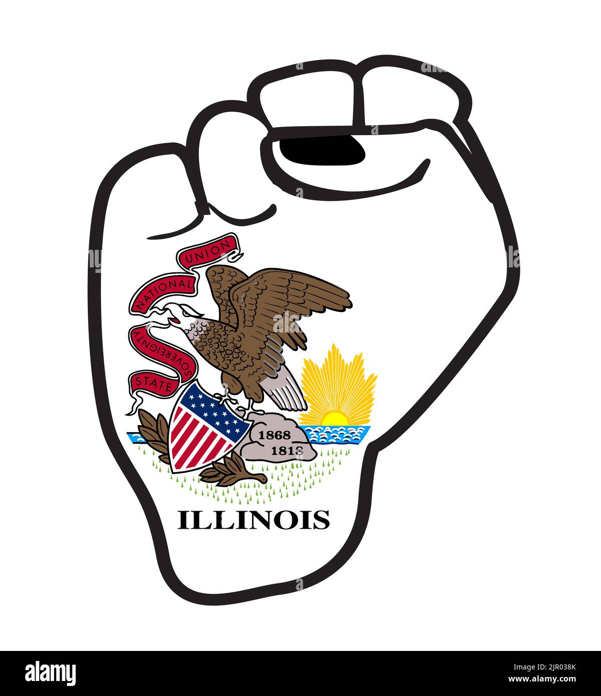 A black outline power fist over the Illinois state flag icons isolated ...
