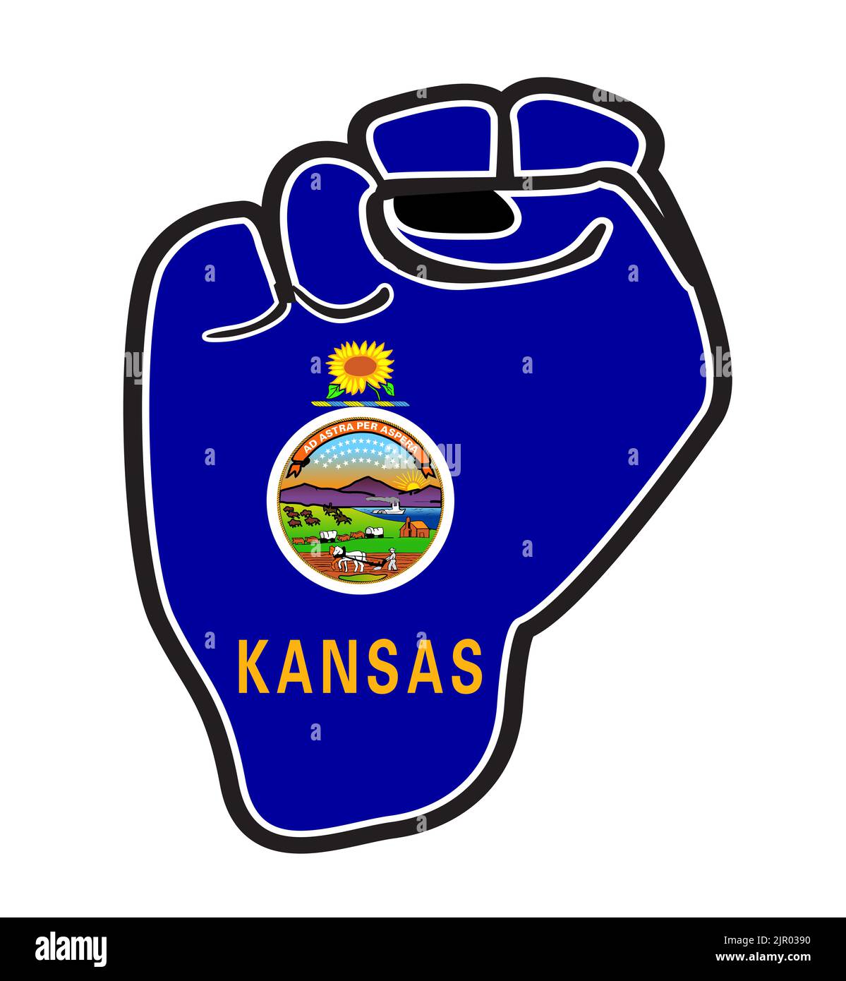 A black outline power fist over the Kansas state flag icons isolated on ...