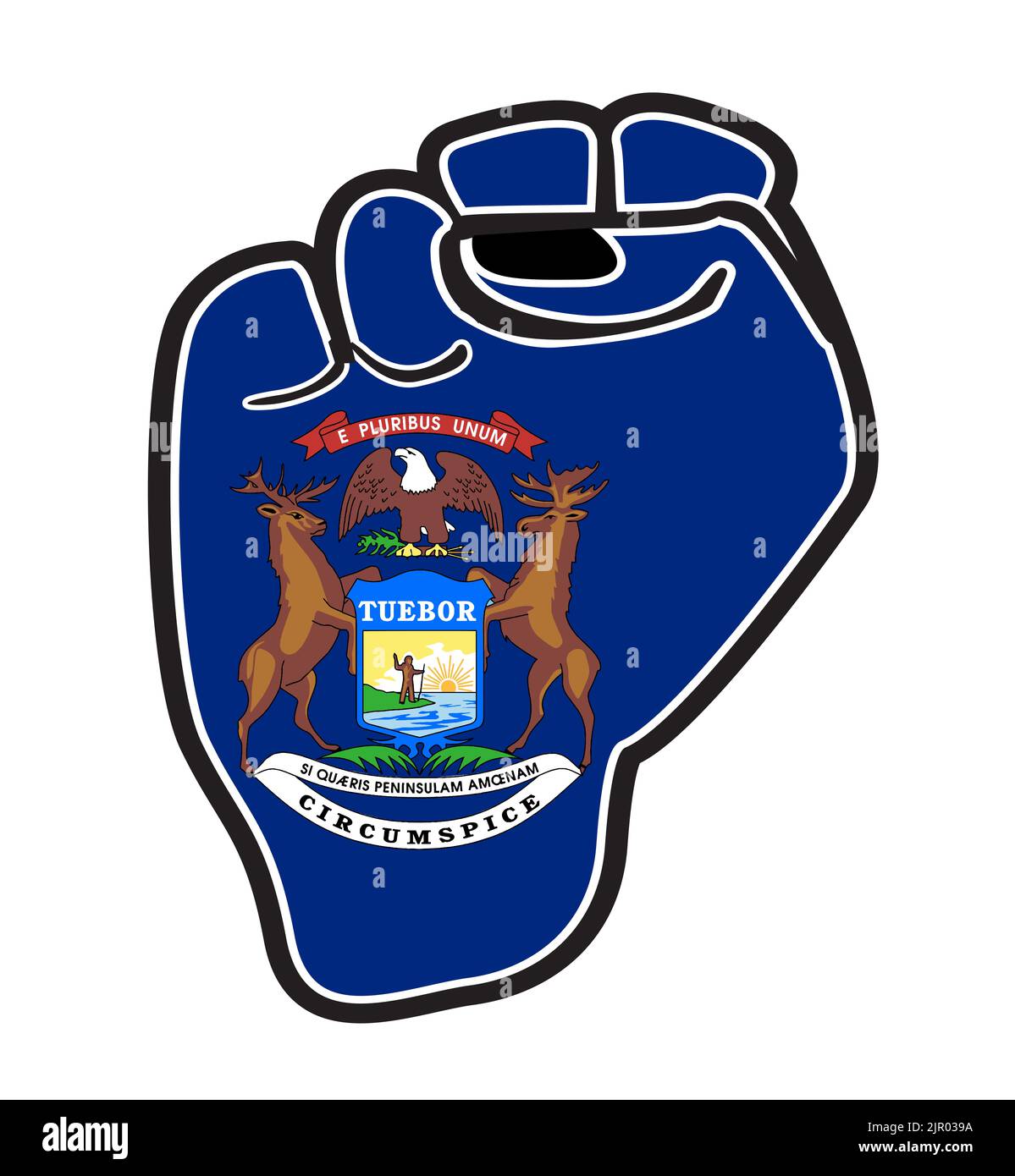 A black outline power fist over the Michigan state flag icons isolated ...