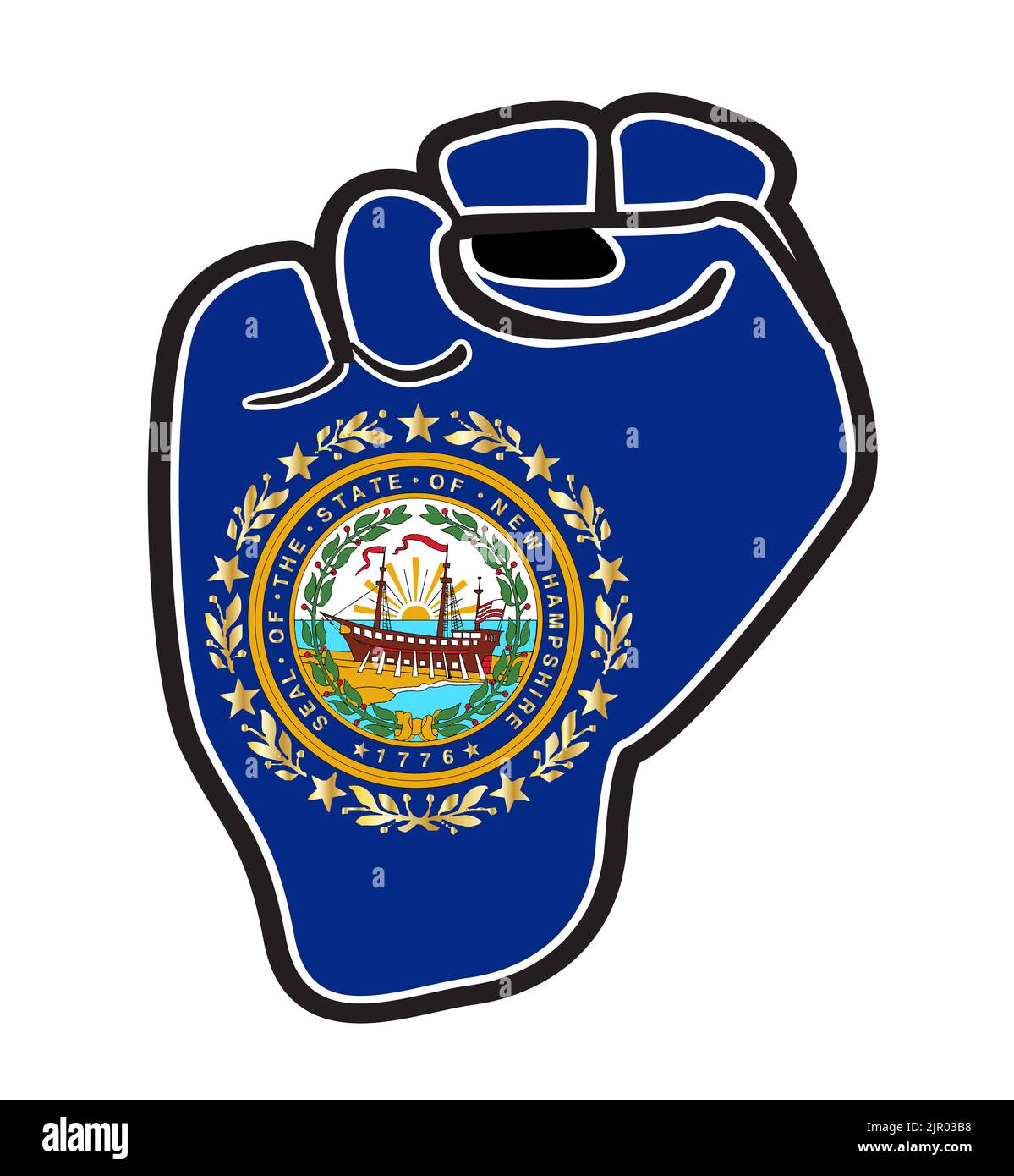 A black outline power fist over the New Hampshire state flag icons ...