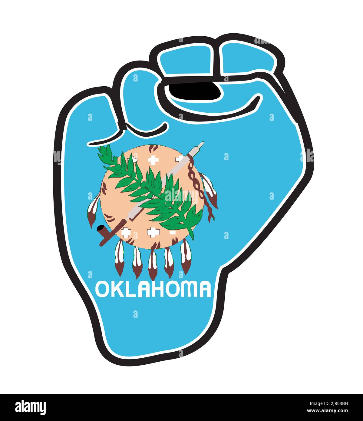 A black outline power fist over the Oklahoma state flag icons isolated ...