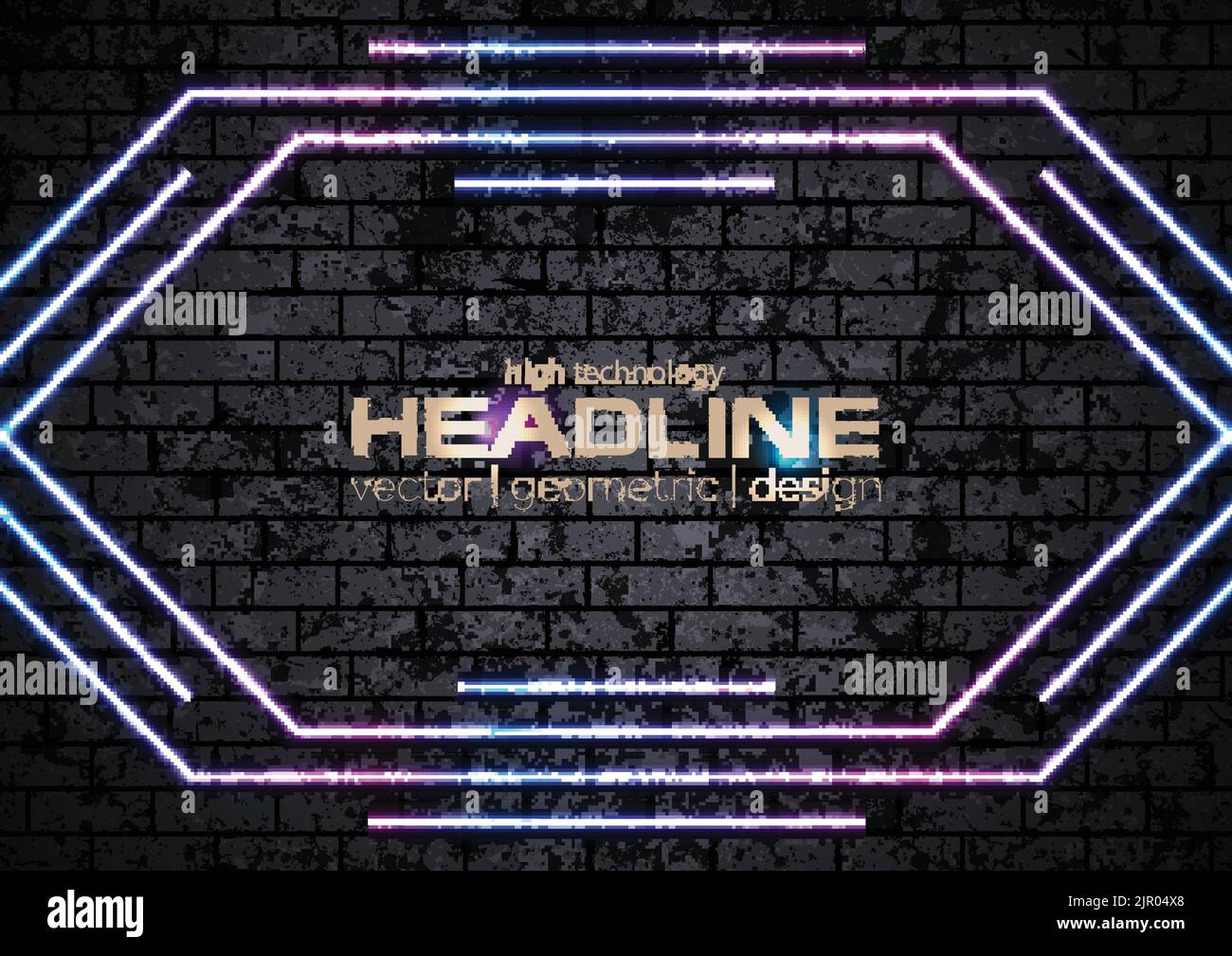 Blue and purple neon wavy label circle on grunge brick wall background ...