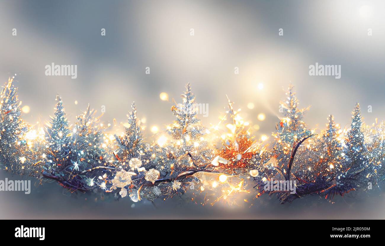 Sparkles glitter on branches in a pattern. Light silver blur background ...