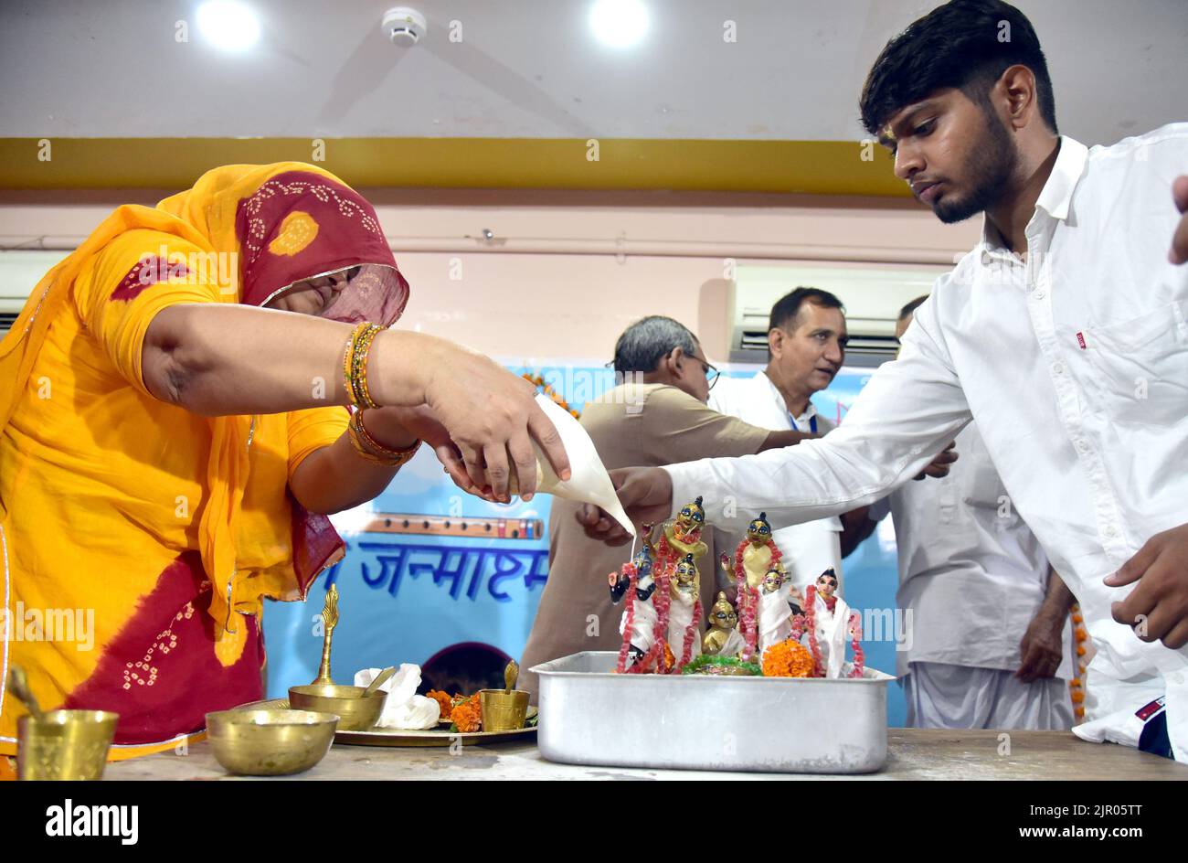 Bikaner, Rajasthan, India. 19th Aug, 2022. ISKCON Priest and Devotees perform ''Panchamrit ...
