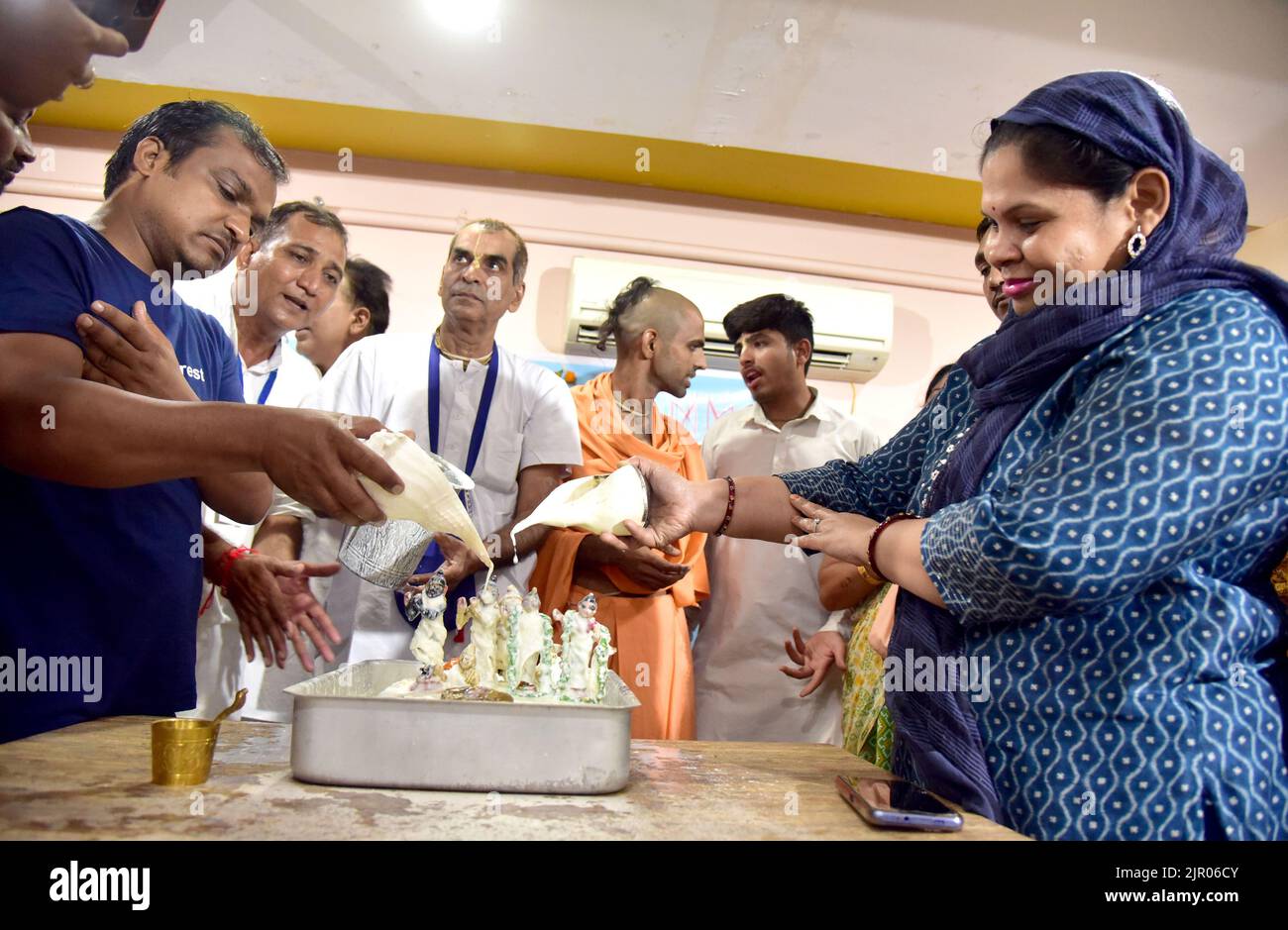 Bikaner, Rajasthan, India. 19th Aug, 2022. ISKCON Priest and Devotees perform ''Panchamrit ...