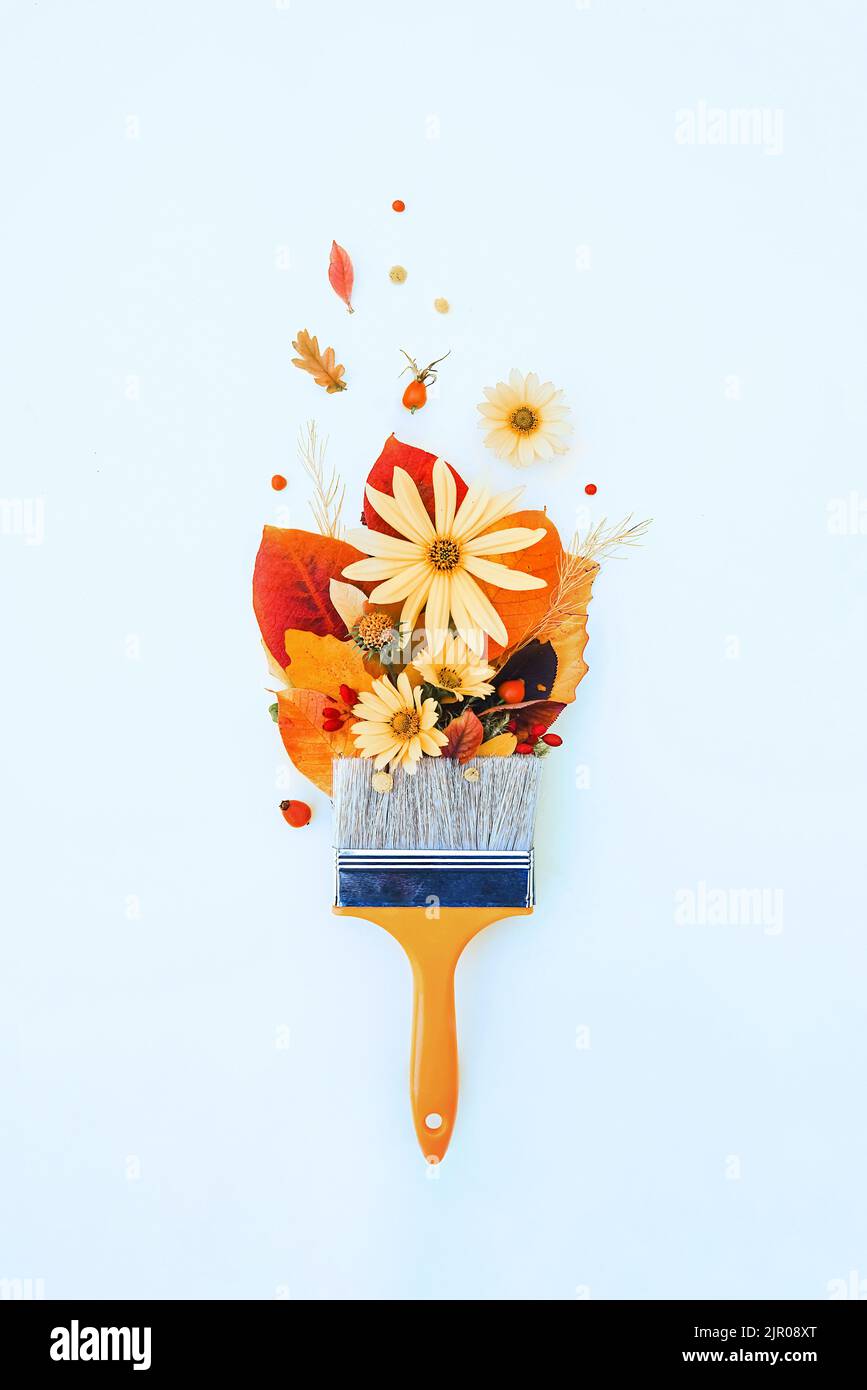 Creative top view flat lay autumn concept composition. Brush, bright ...