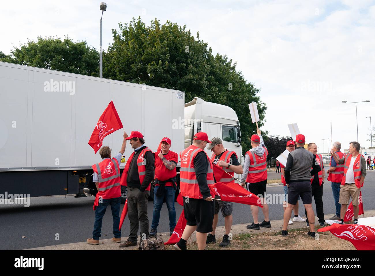 Members of the Unite union man a picket line at one of the entrances to ...