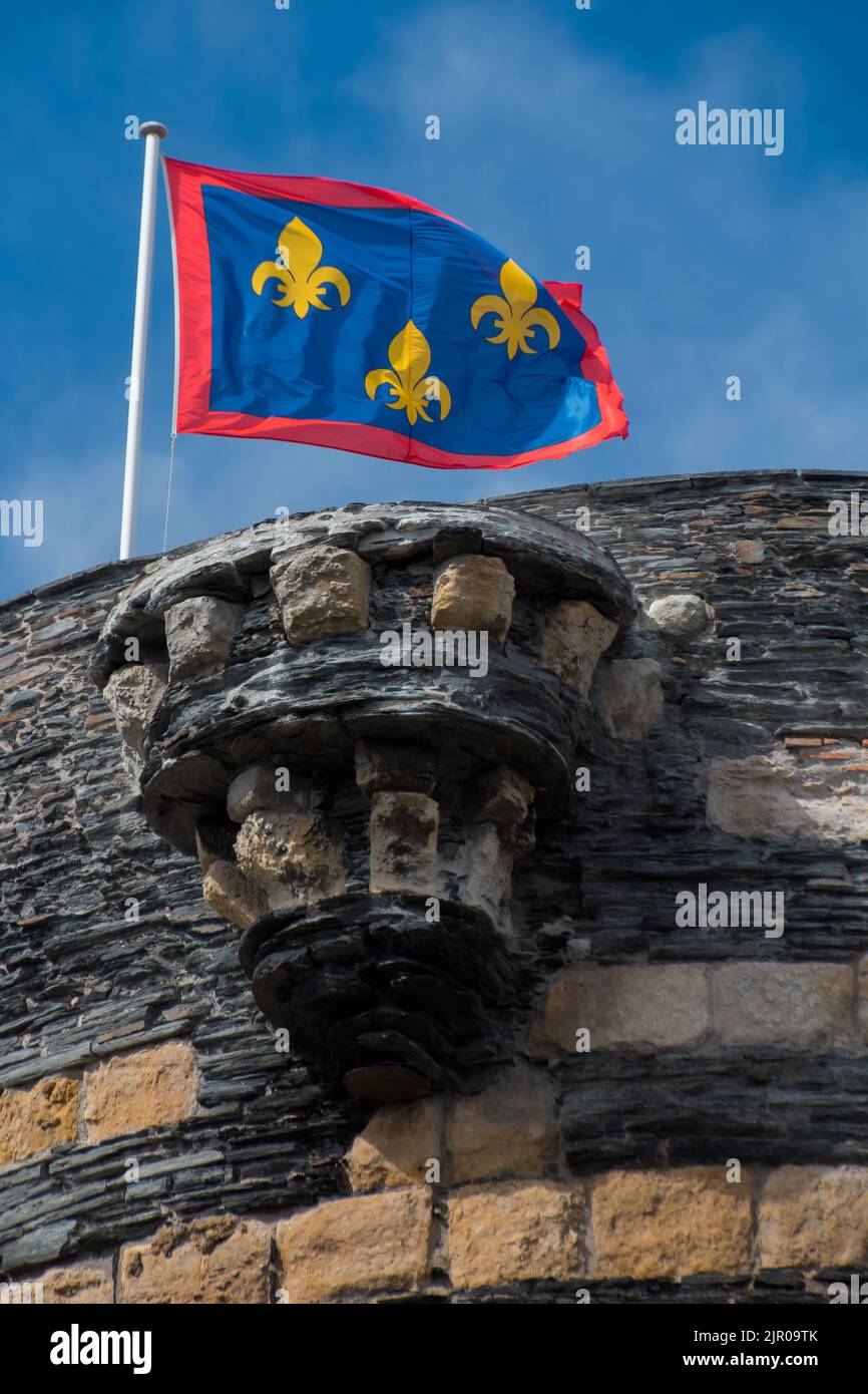 A vertical closeup shot of the Duchy of Anjou flog hung on an old ...