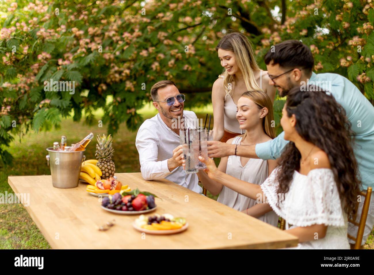 Group of young people cheering with fresh lemonade and eating fruits in ...