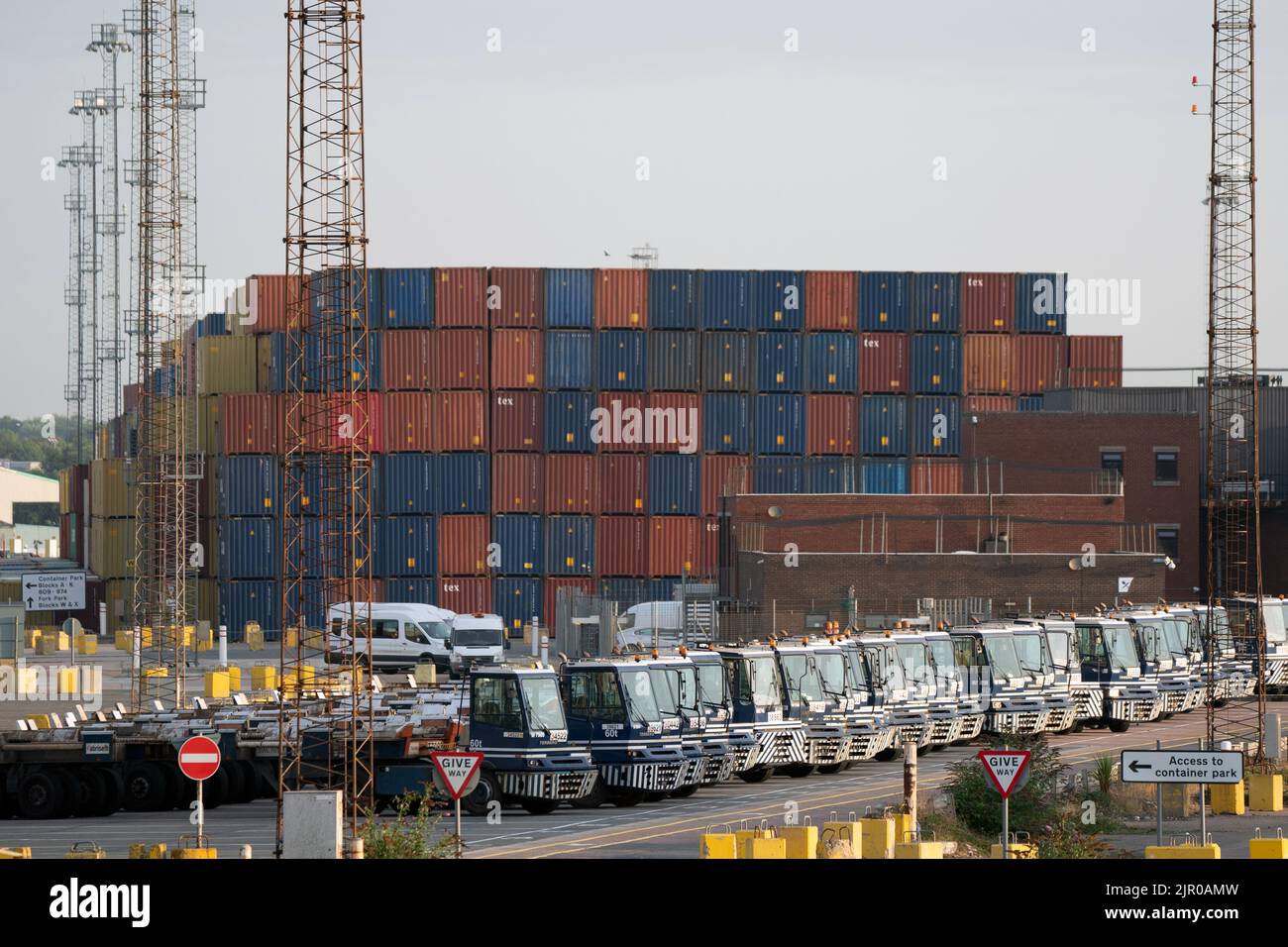 Vehiles sit idle at the Port of Felixstowe in Suffolk, Britain's ...