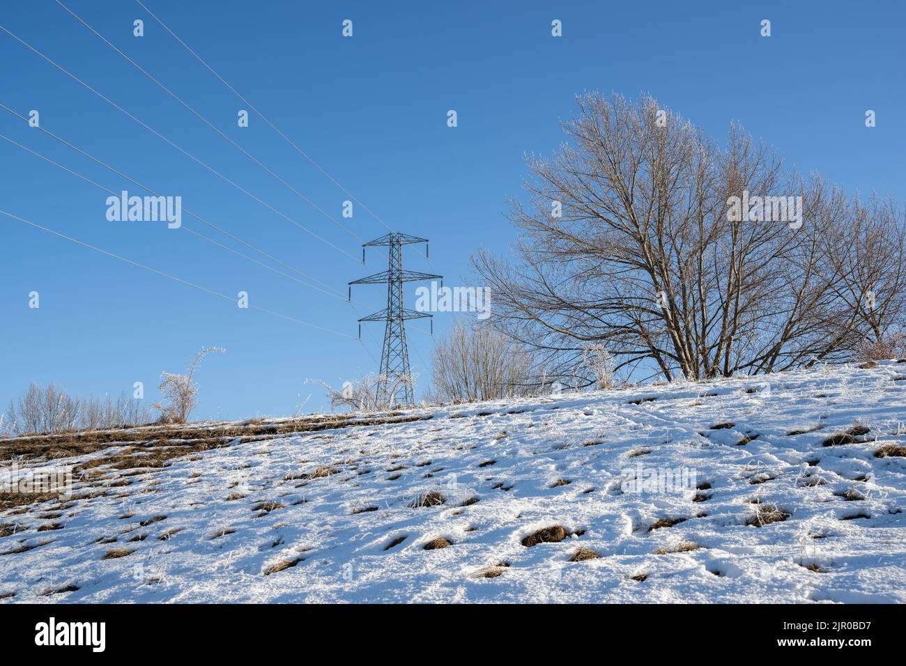 High voltage transmission tower and frost covered powerlines in winter, Twizel, South Island ...