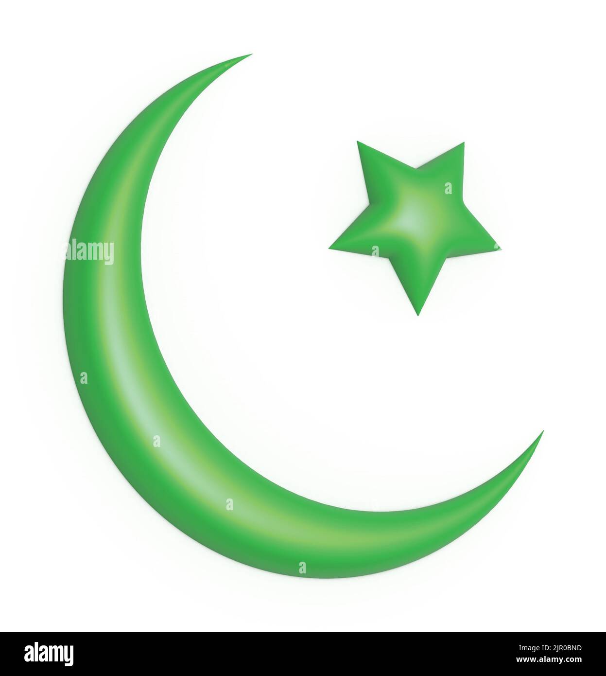3D Rendering green reflective crescent moons and star. Decorative ...