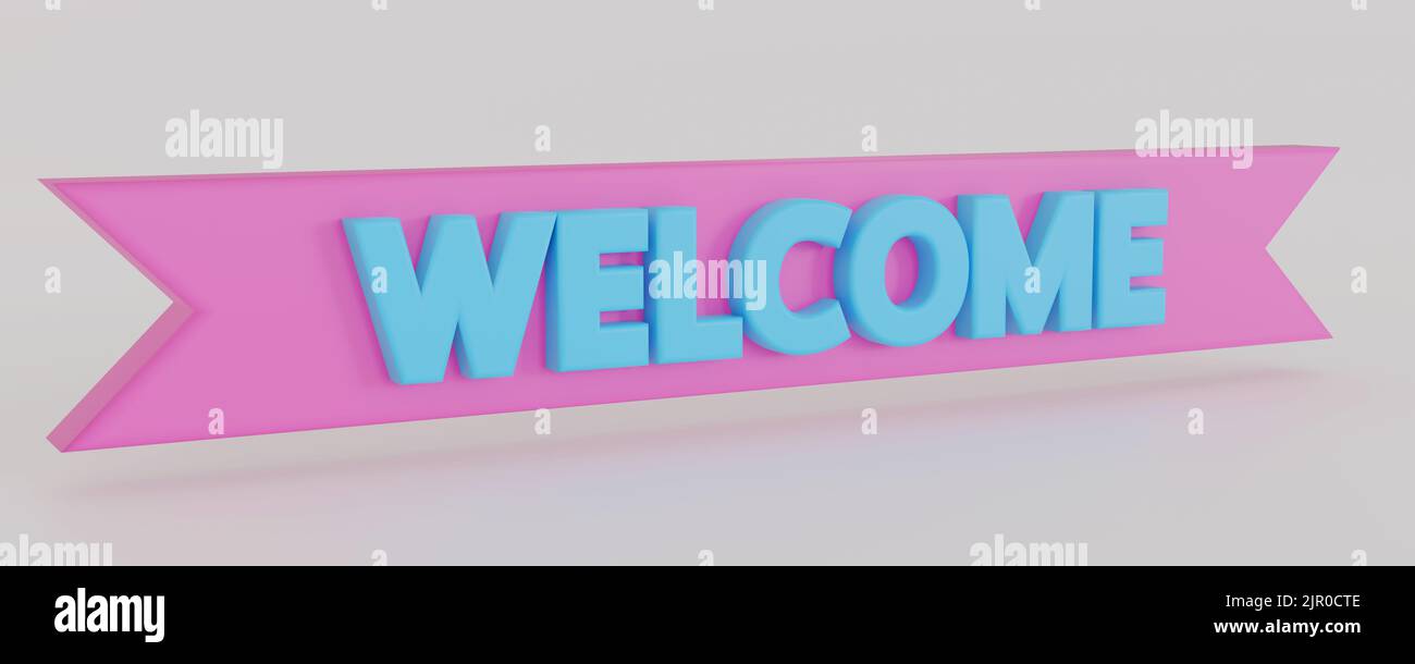 Welcome 3d text and ribbon. Creative pink ribbon on white background ...