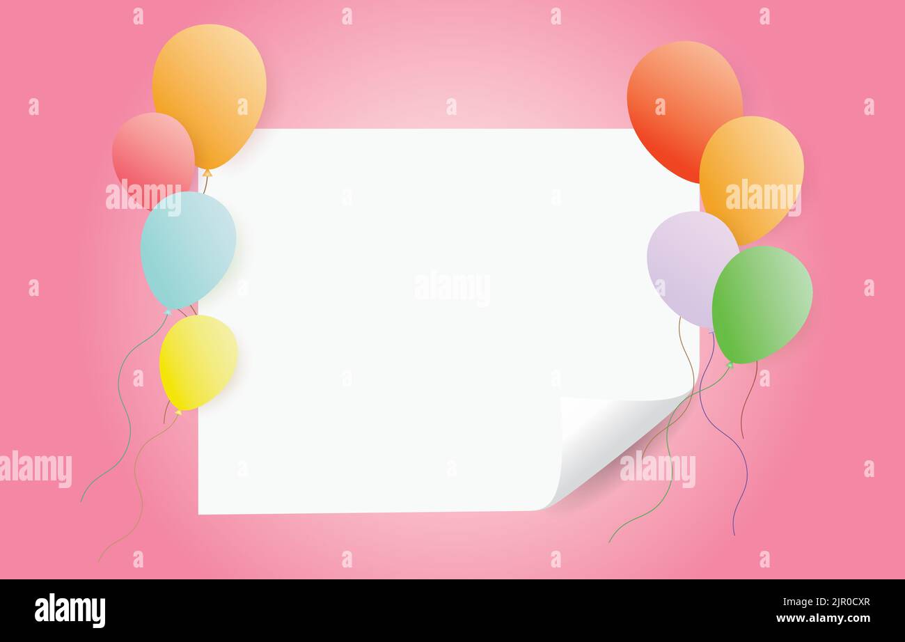 Blank paper with curled corner and fancy balloons in pink background ...