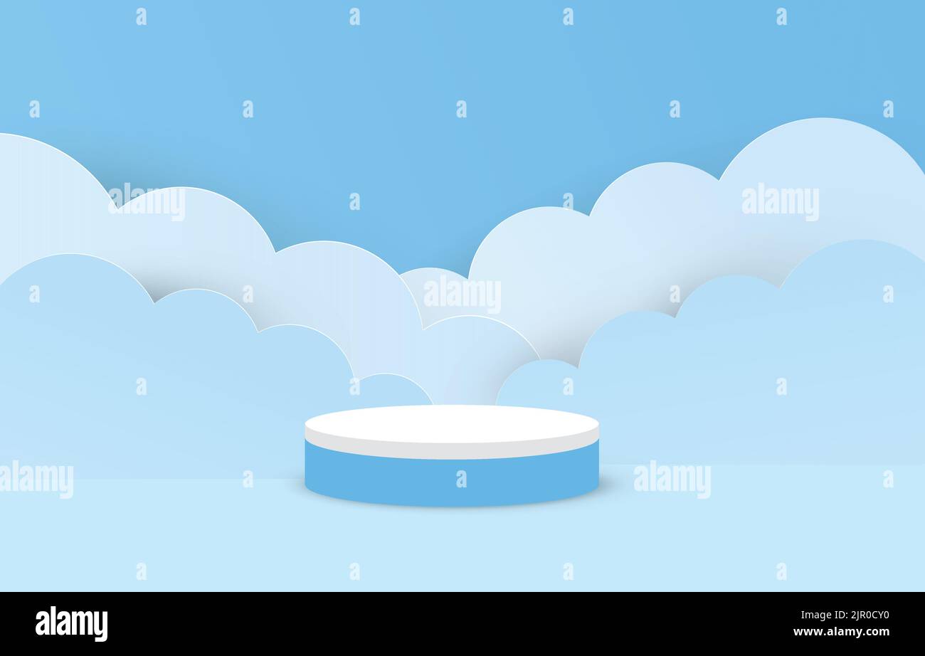 Paper cut of white and blue color cylinder podium for products display ...