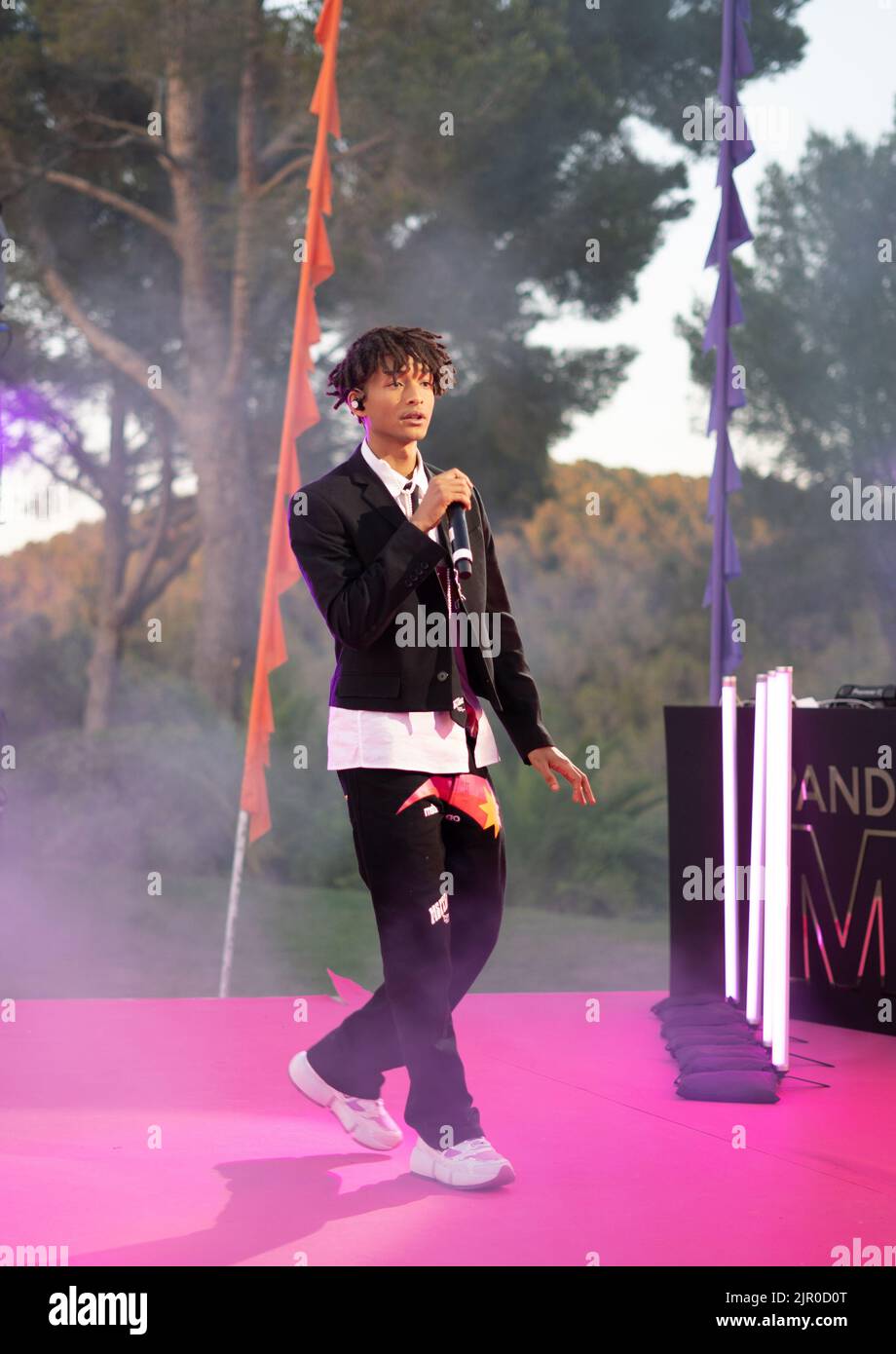 A vertical shot of Jaden Smith singing on Stage at Pandora festival in ...