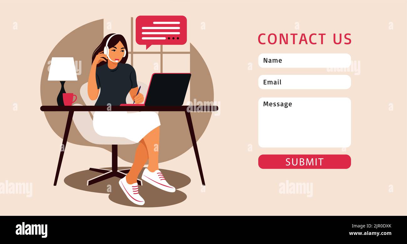 Contact us form template for web. Operator girl with computer ...