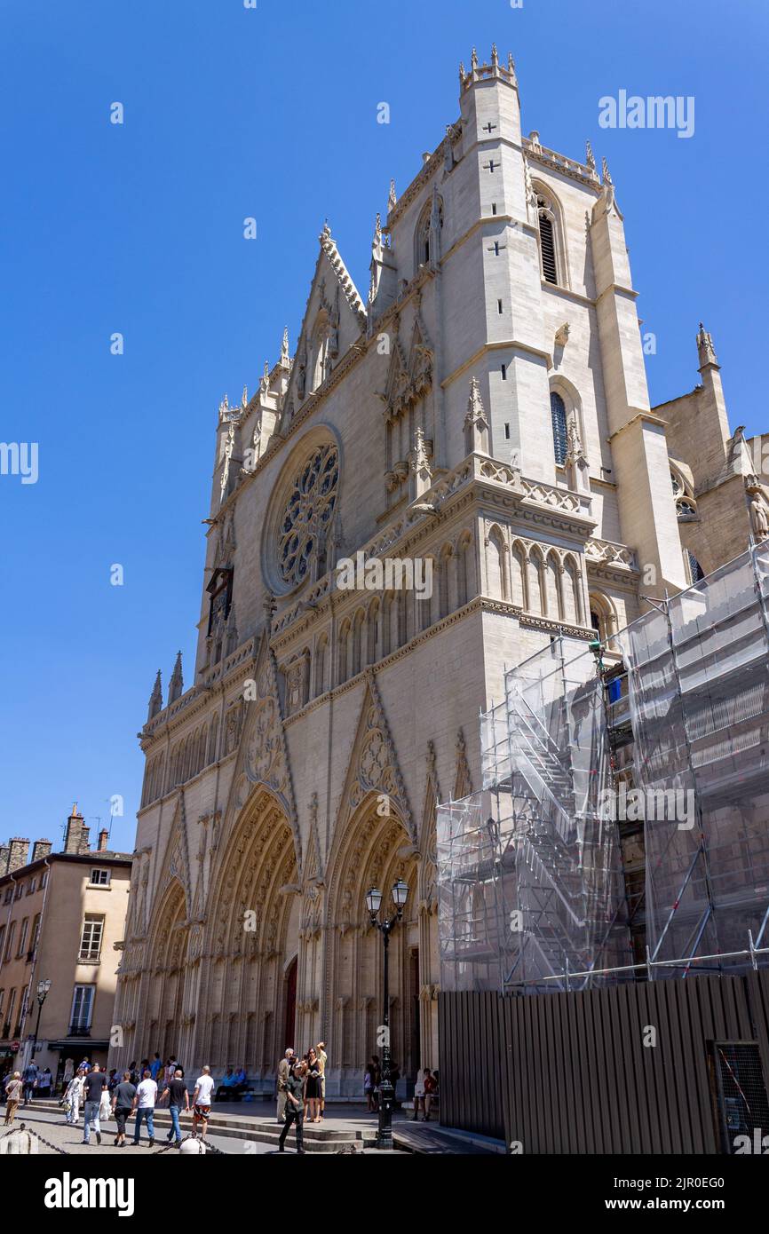 The facade of the Lyon cathedral in Place Saint Jean, Lyon, France ...