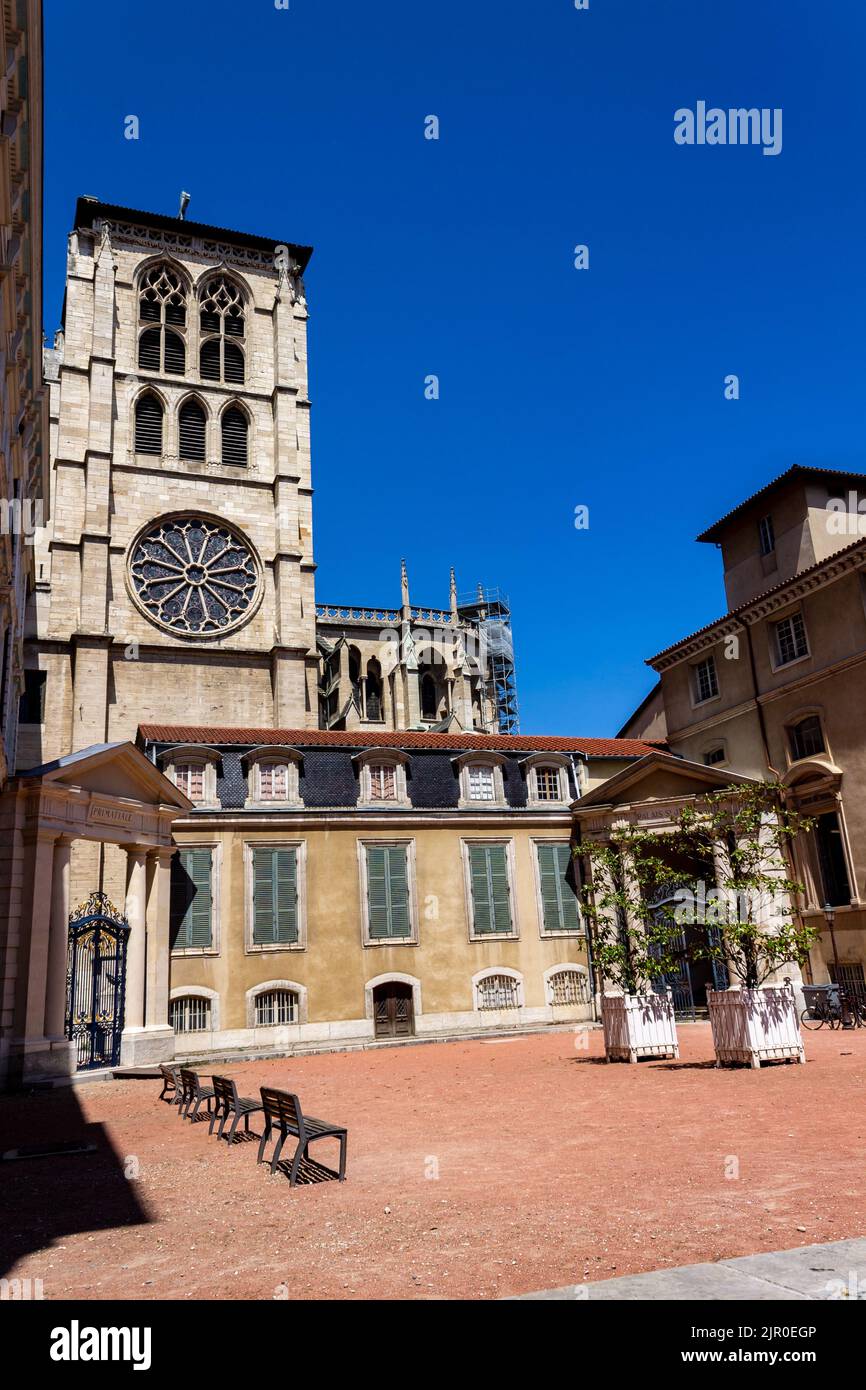 The facade of the Lyon cathedral in Place Saint Jean, Lyon, France ...