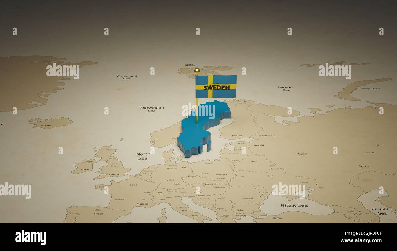 3d rendering independence day of Sweden national flag flying on country map on world Stock Photo ...