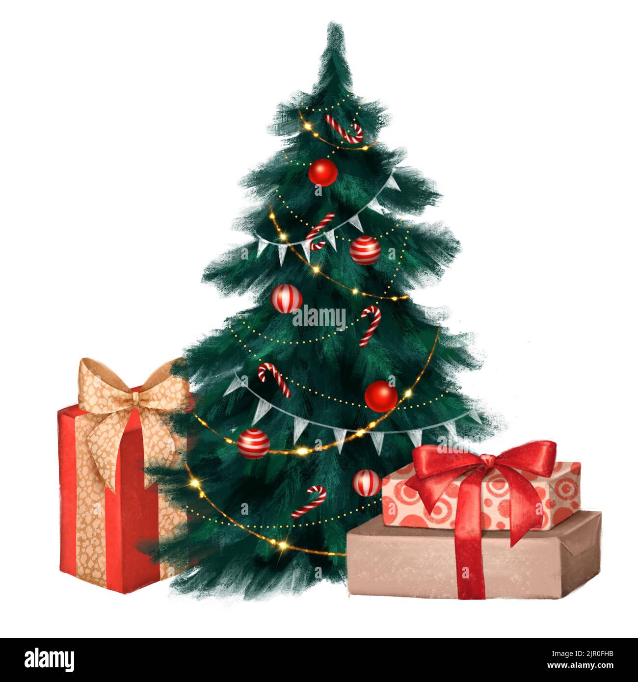 Christmas tree with decorations and gift boxes. Holiday illustration ...