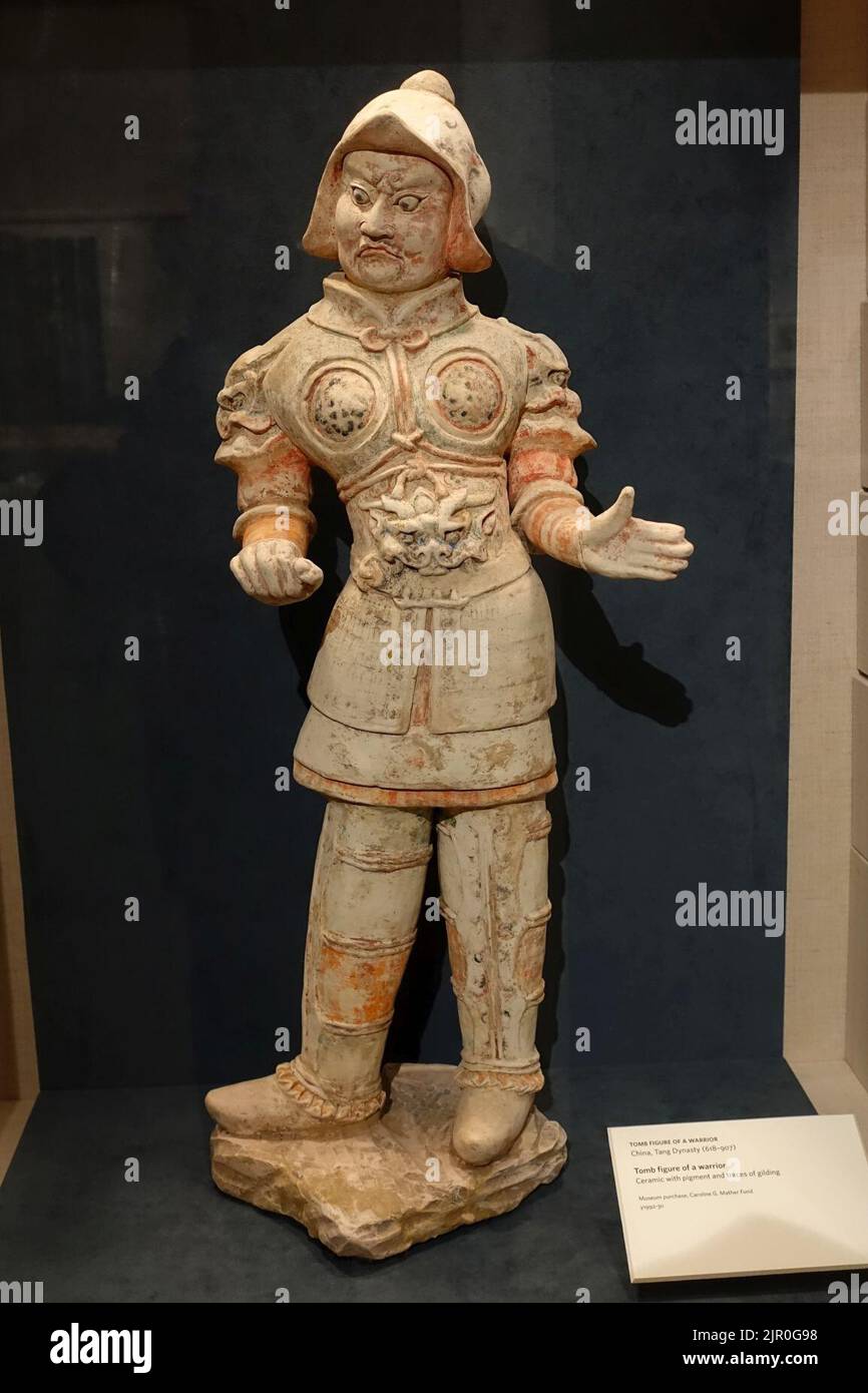 Tomb figure of a warrior, China, Tang dynasty, ceramic, pigment, traces ...