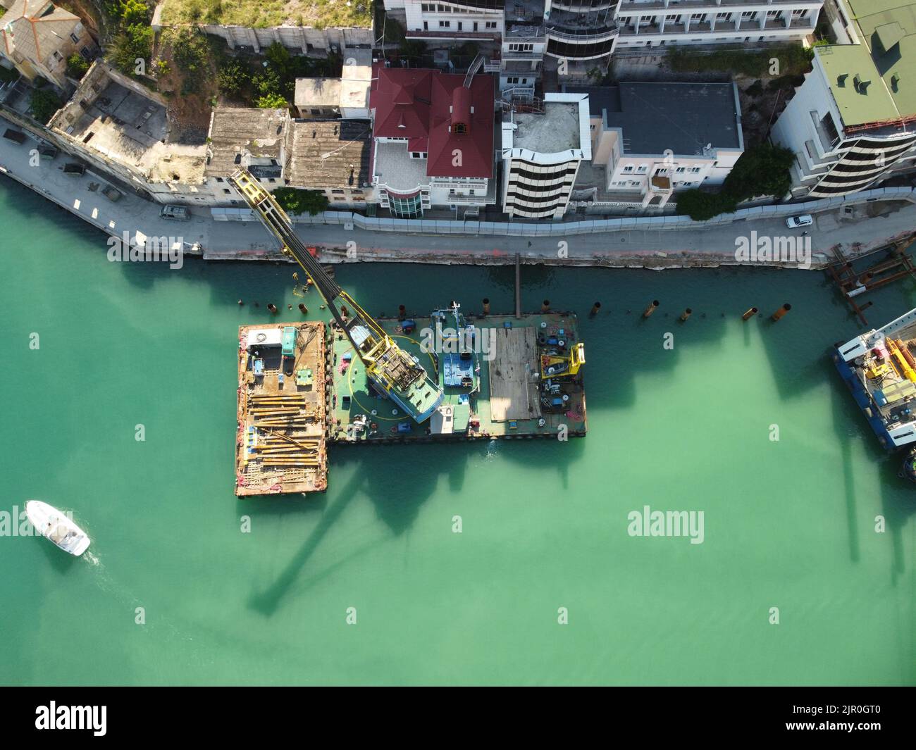 Aerial panoramic view of Balaklava landscape with boats and sea in ...