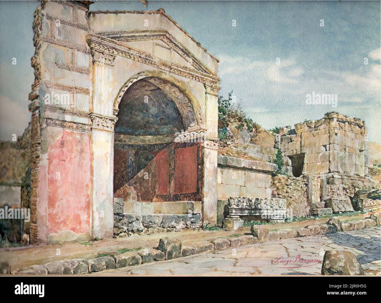 Tomb with covered niche and planter with garland in Pompeii necropolis ...