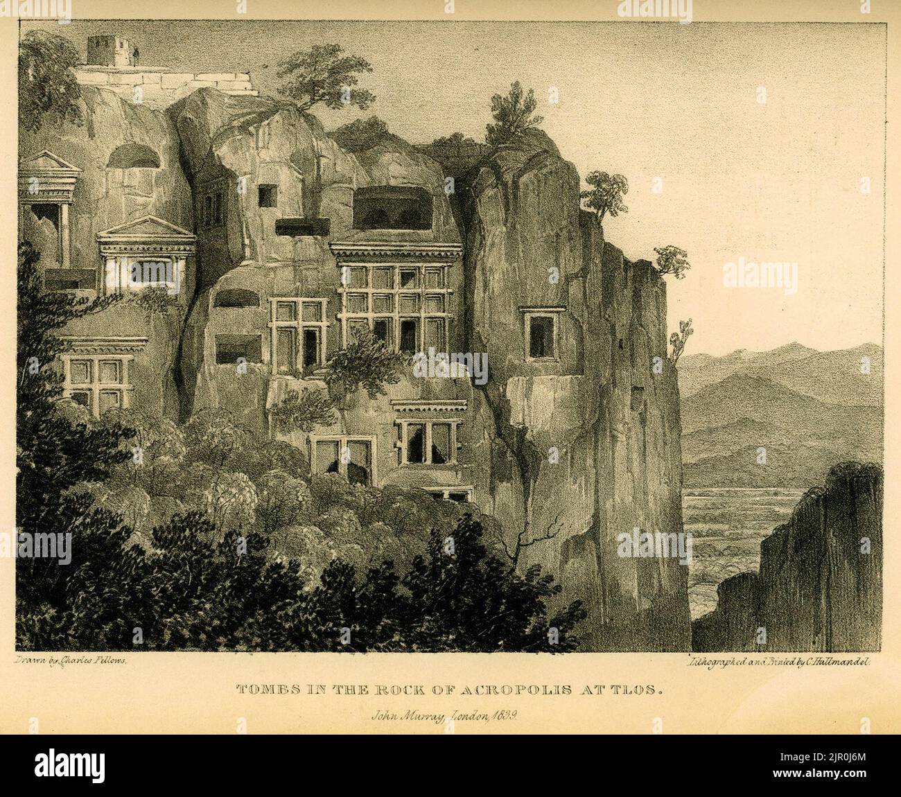 Tombs in the rock of Acropolis at Tlos - Fellows Charles - 1839 Stock ...