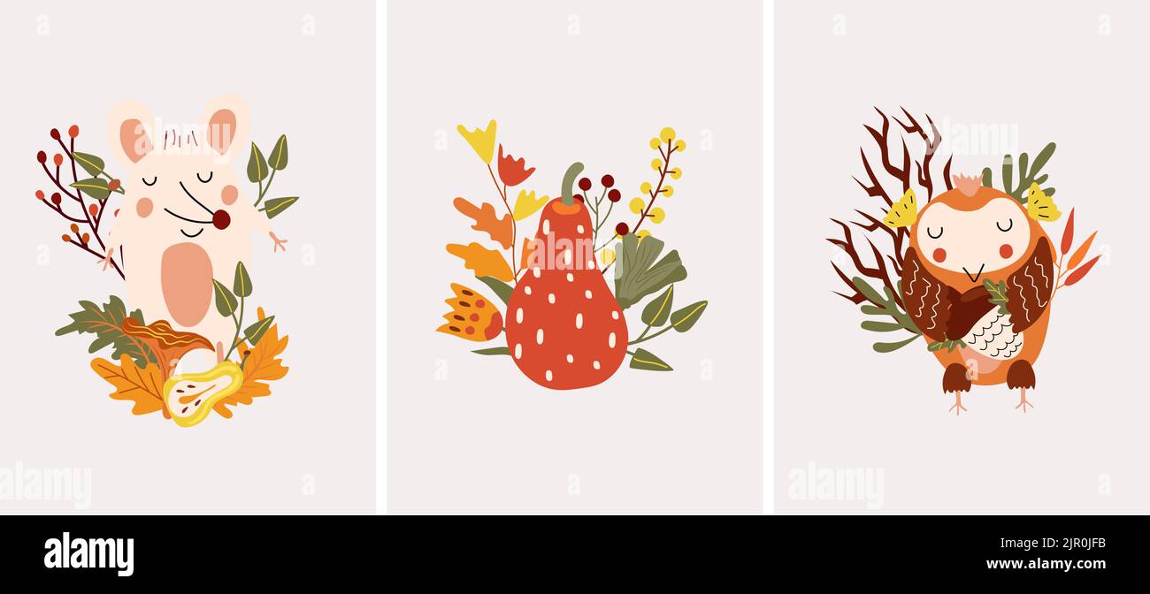 Cute Autumn composition with cute mouse, funny owl and pumpkin, leaves ...