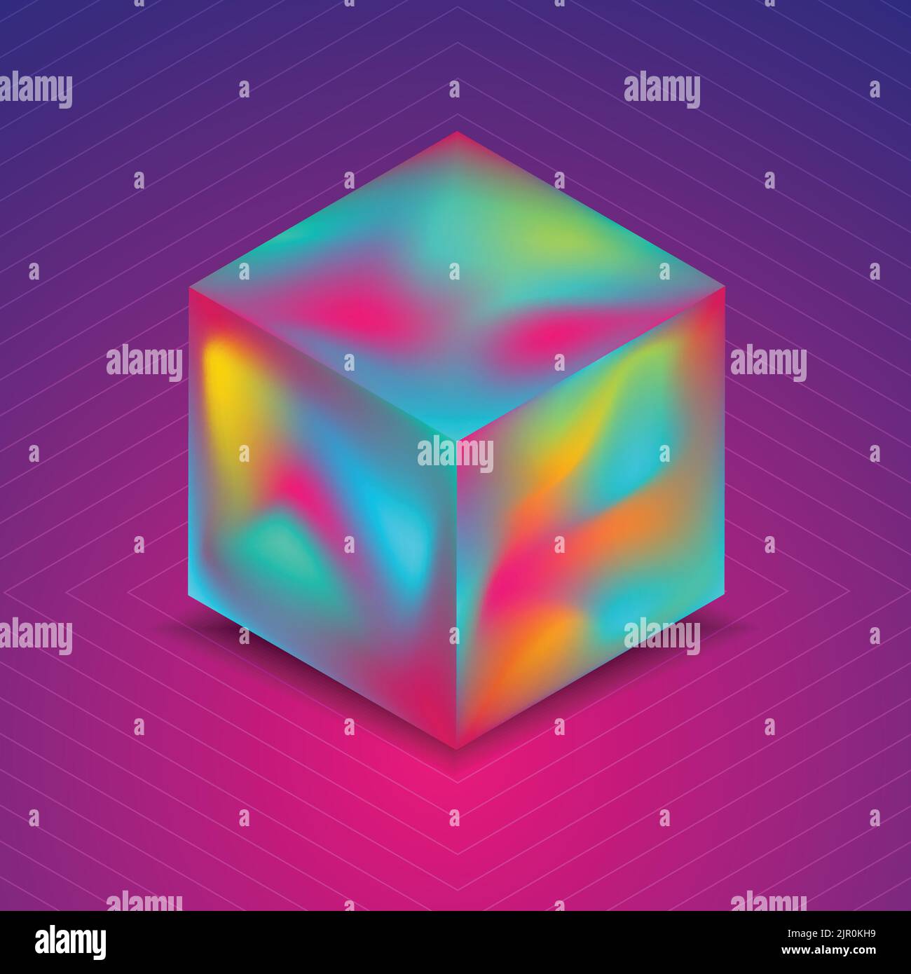 Abstract holographic liquid 3d cube on blue purple background. Vector ...