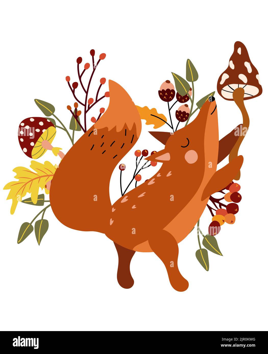 Cute Autumn composition with cunning fox holds the mushroom, colorful ...