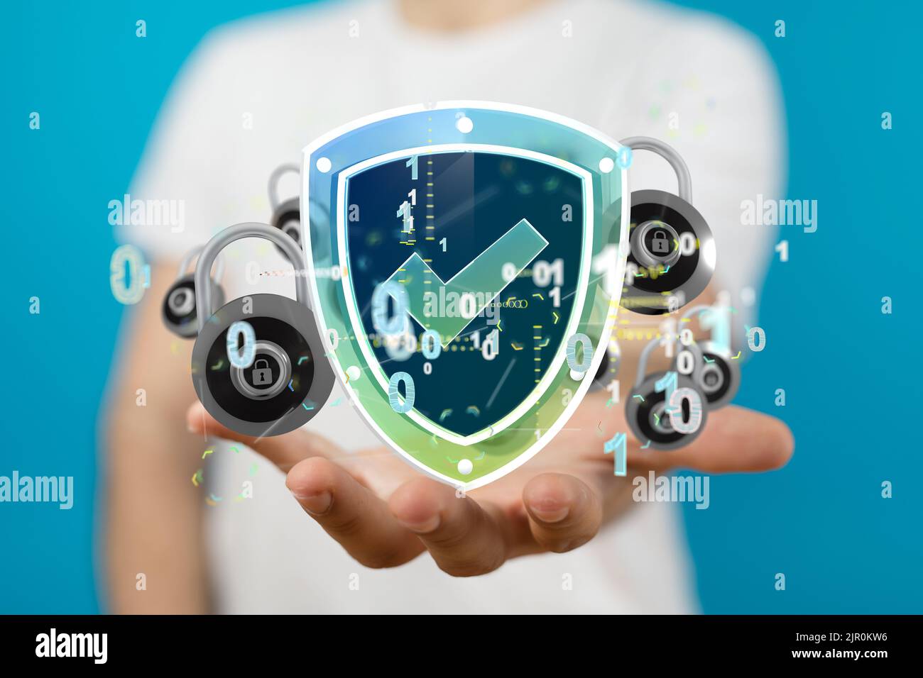 A digital shield surrounded by numbers and padlocks - data protection ...
