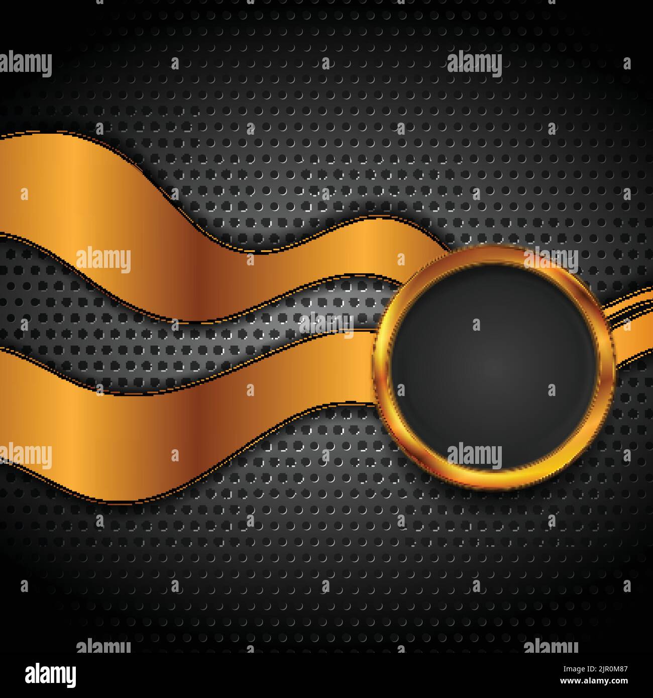 Abstract bronze waves and circle on dark perforated metallic texture ...