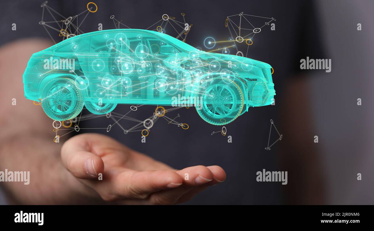 A digital model of an electric car floating on a hand - autonomous ...