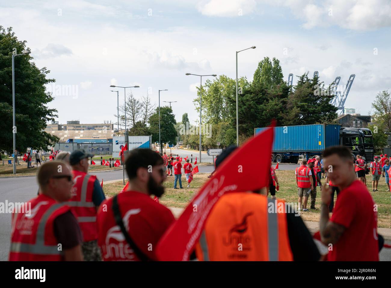 Members of the Unite union man a picket line at one of the entrances to ...