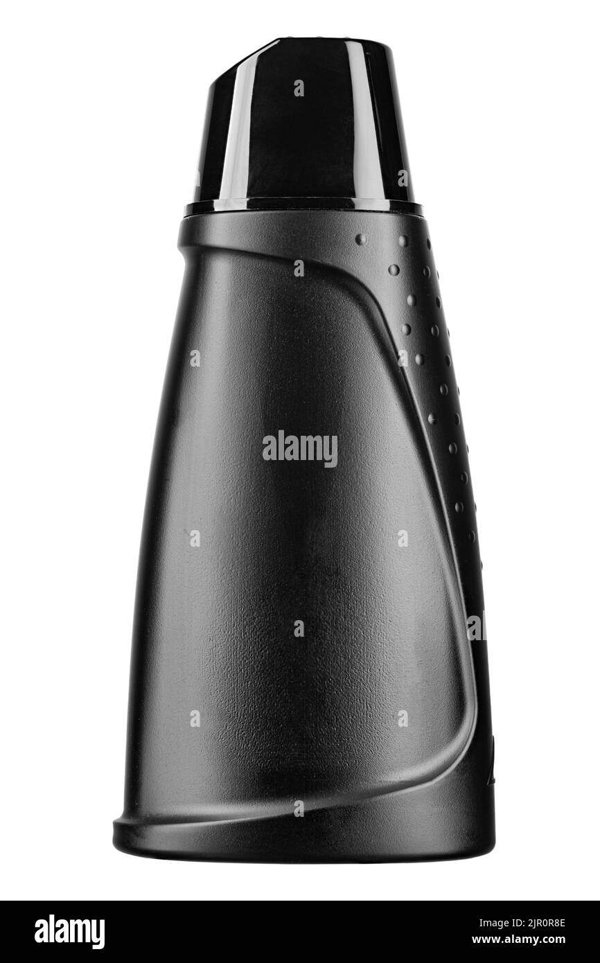 Black plastic bottle isolated on a white background, detergent for ware ...