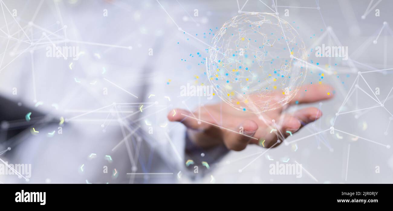 A digital globe icon with connected lines above a hand - a global ...