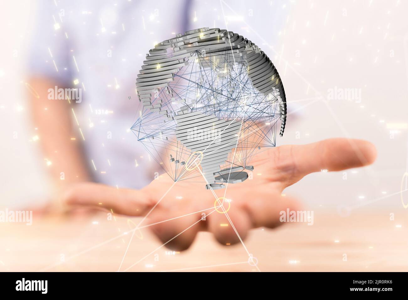 A digital globe icon with connected lines above a hand - a global ...