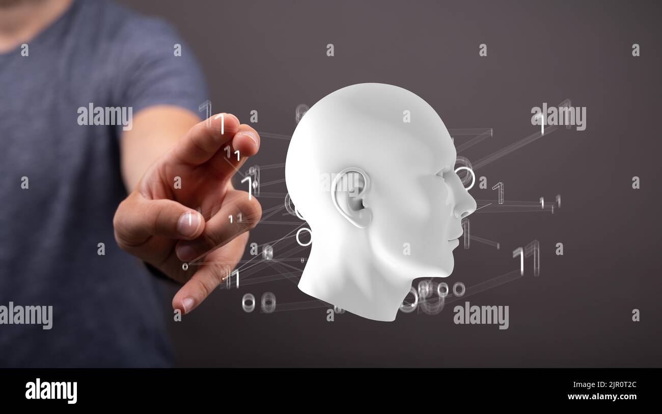 A hand pointing at a digital human head connected to numbers - an ...