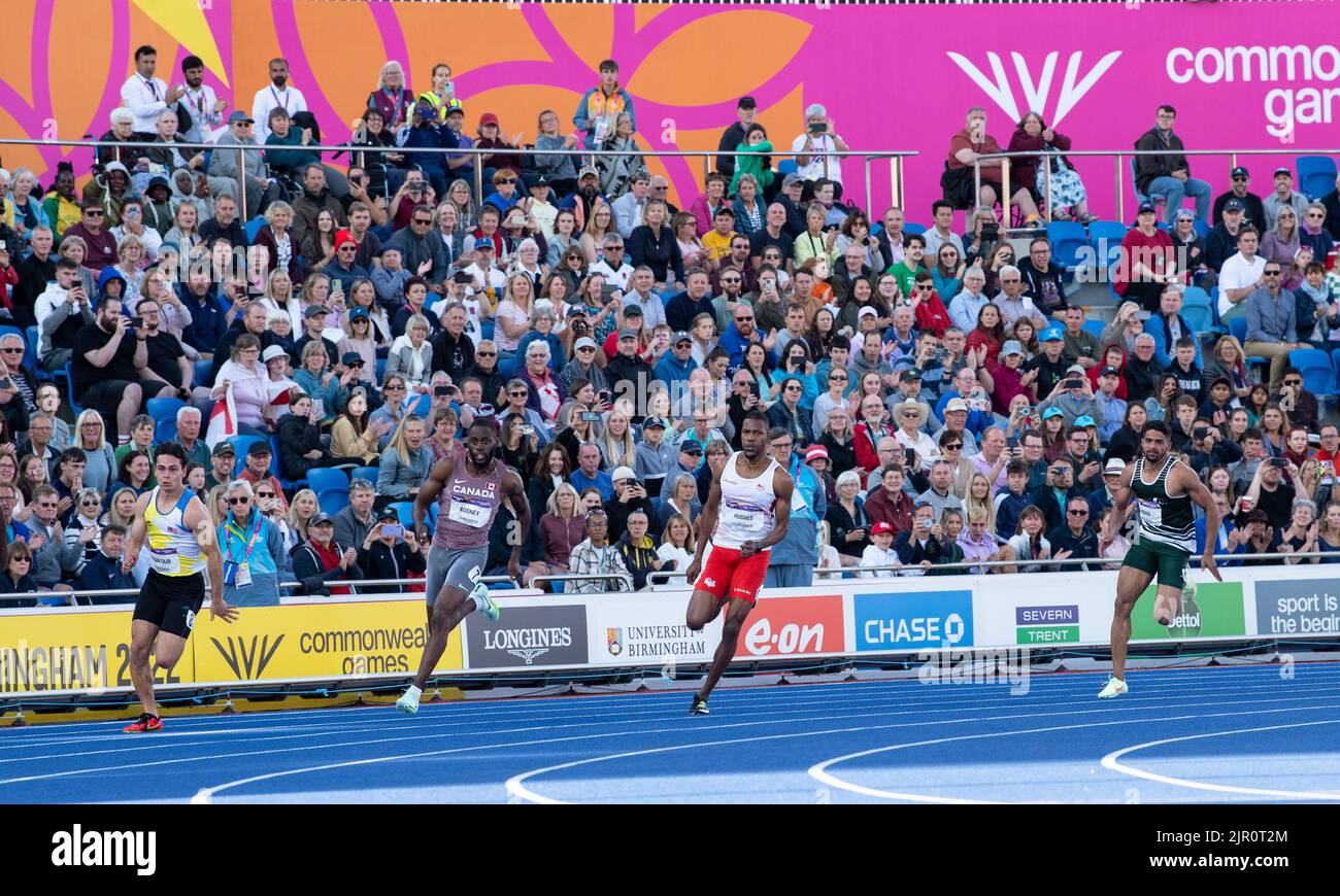 Brendon Rodney, Zharnel Hughes and Shajar Abbas competing in the men’s ...