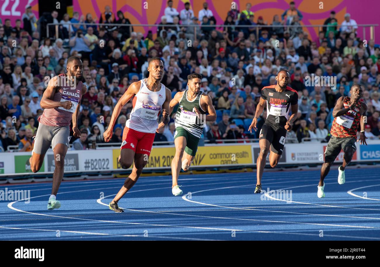 Brendon Rodney, Zharnel Hughes and Shajar Abbas competing in the men’s ...