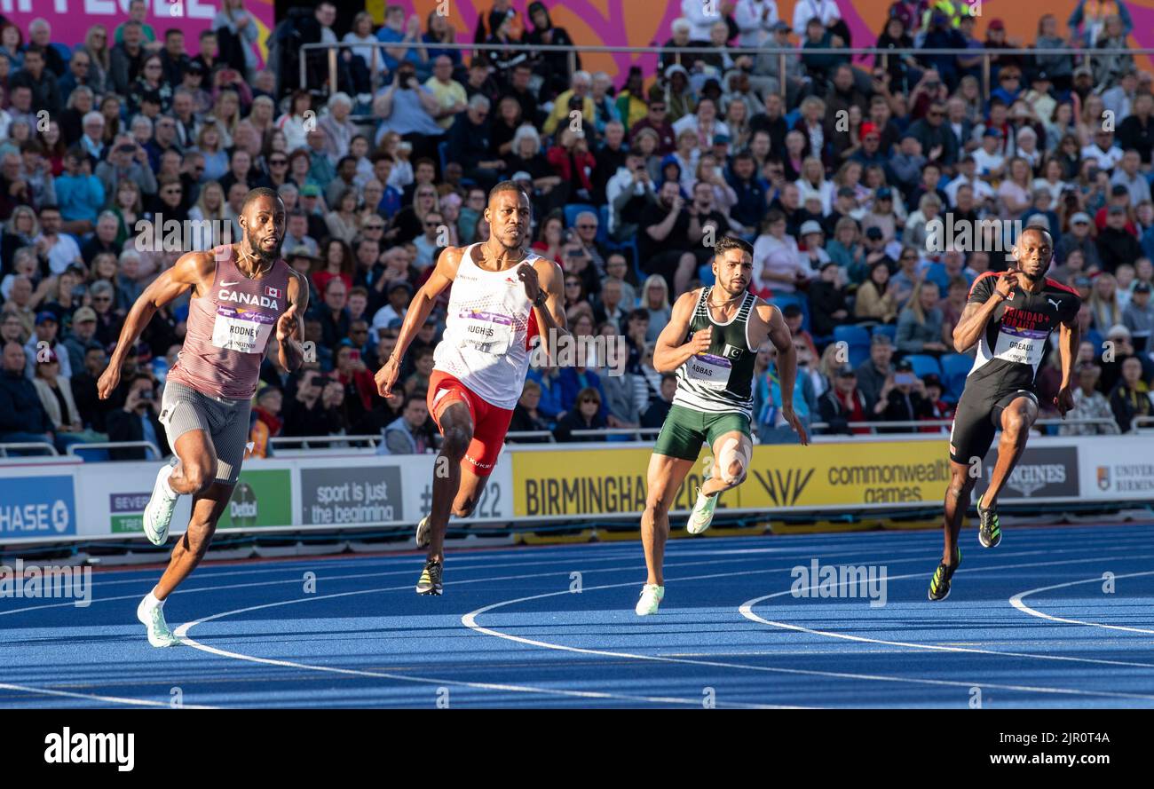 Brendon Rodney, Zharnel Hughes and Shajar Abbas competing in the men’s ...